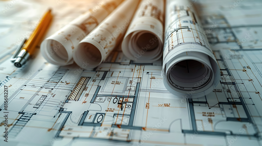 Detailed architectural blueprints with multiple building plans, rolled ...