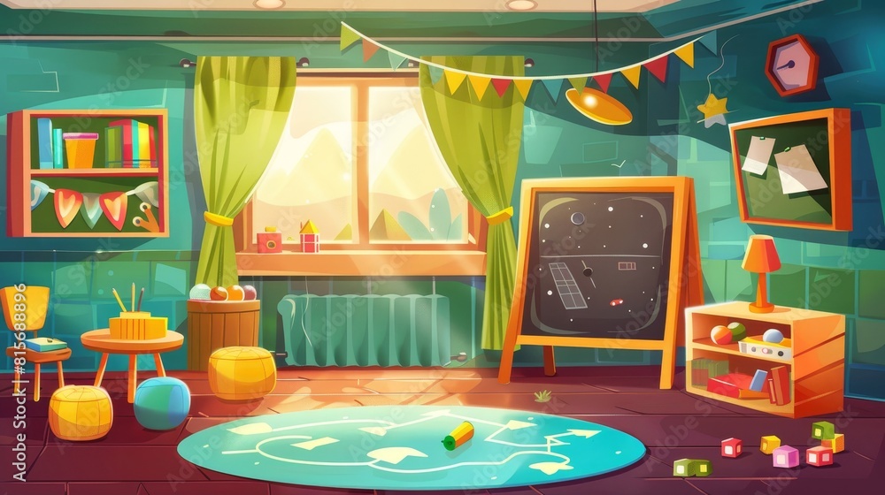 Playroom flyers with cartoon illustrations of toys, furniture, a ...