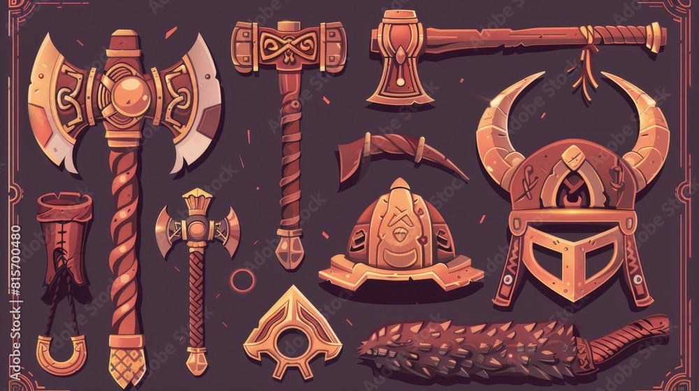 Viking helmet, nordic weapons, and bugle horn design for game UI ...