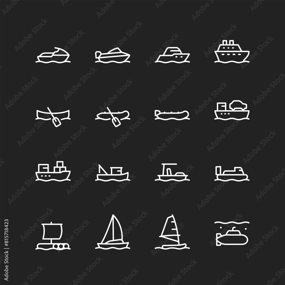 Water transportation icons, white lines on black background. Boats ...