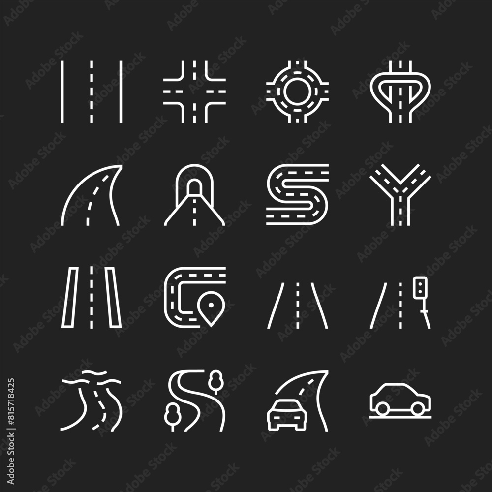 Road icon set, white lines on black background. Forks, highways ...
