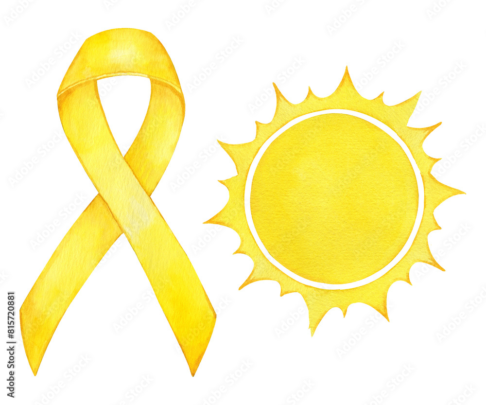 Watercolor set of yellow sun and ribbon. Symbols of UV Safety Awareness ...