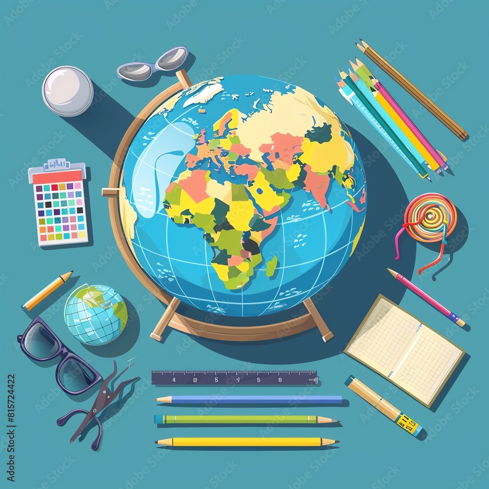 Classroom earth globe flat design top view school supply theme ...