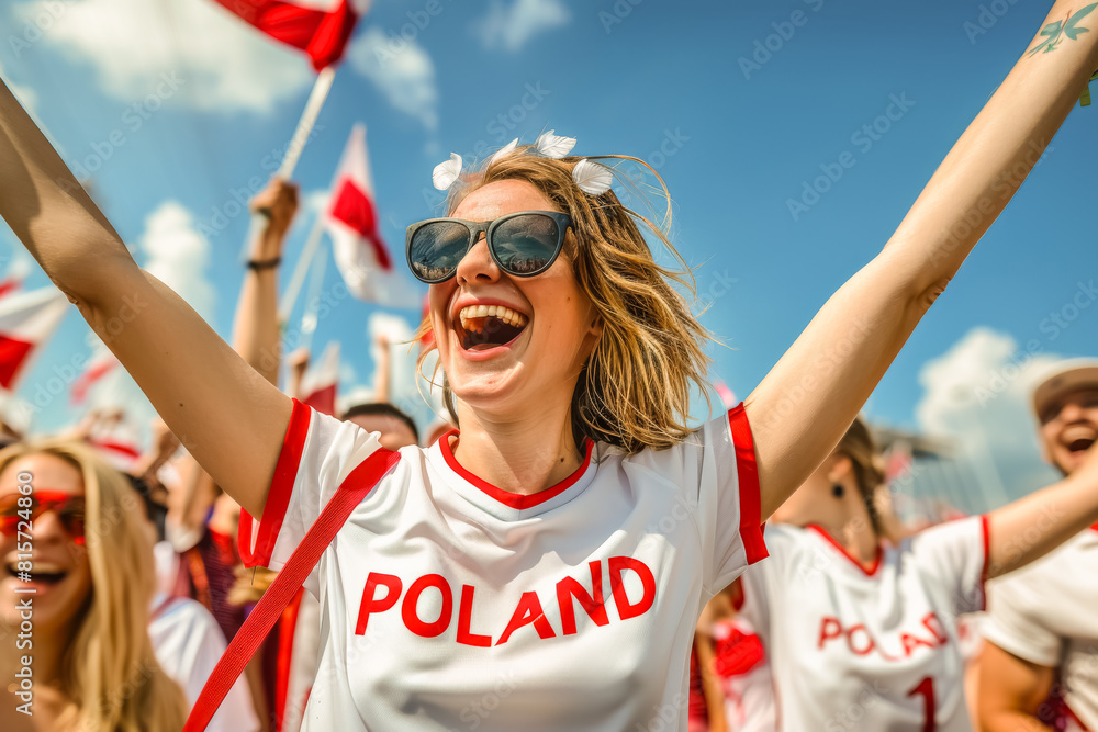 Polish football soccer fans in a stadium supporting the national team ...