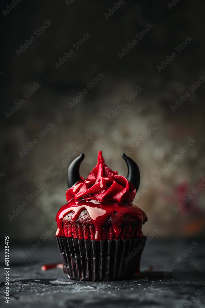 Red frosting cupcake with devil satan horns and dripping icing for ...