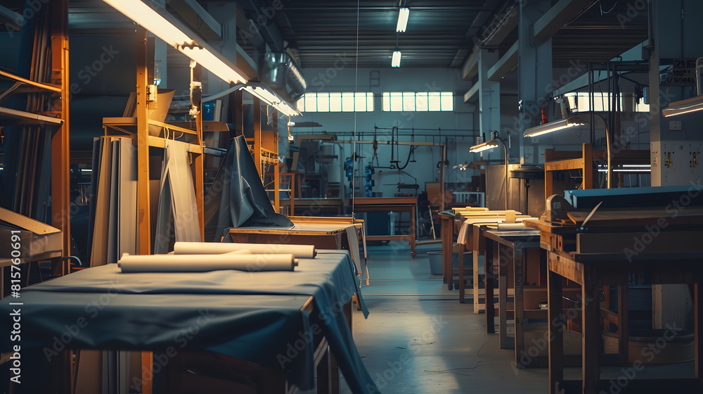 Interior of a sewing warehouse of furniture factory with equipment and ...