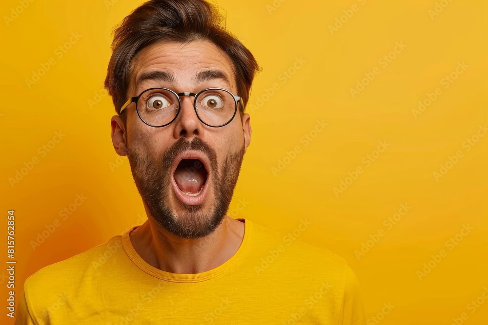 Surprised man popping out of a plain yellow background, creating a ...