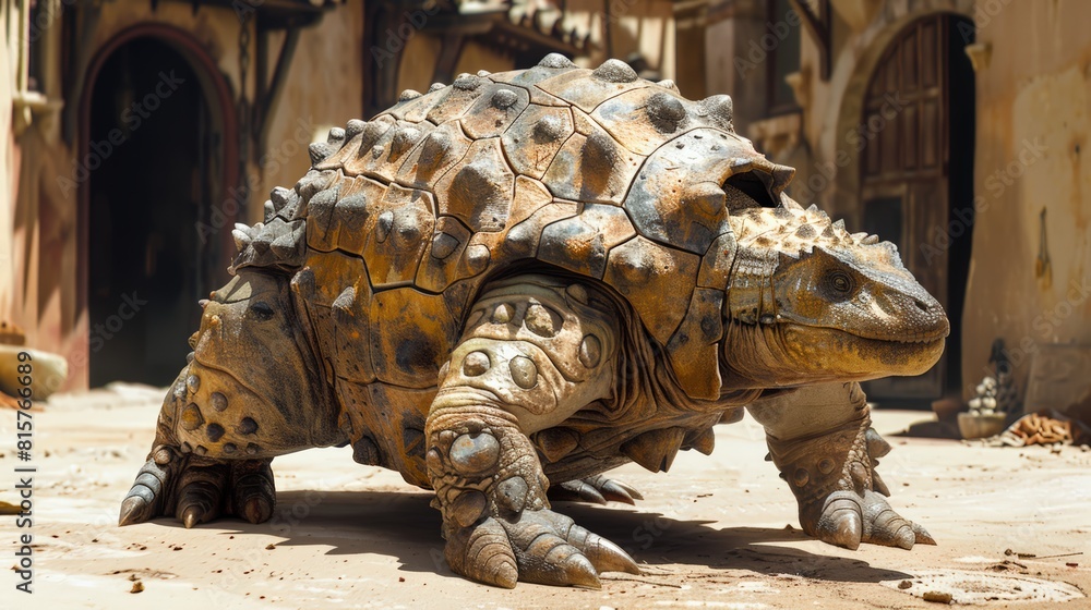 Ankylosaurus dinosaur standing in ancient village setting. detailed ...