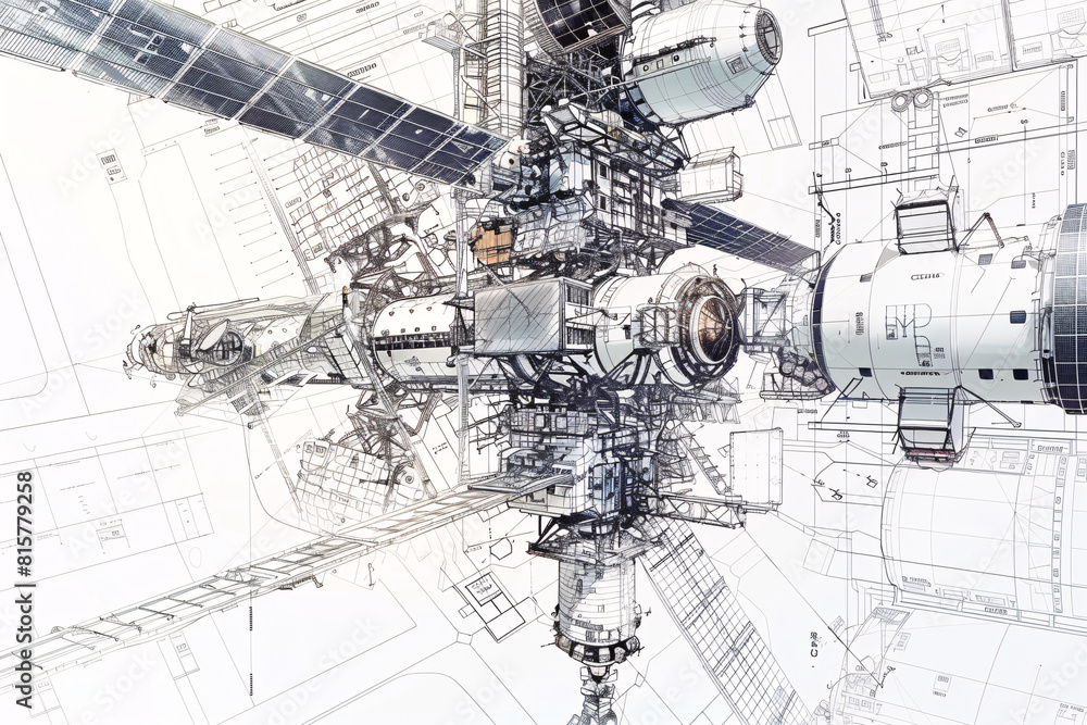 Detailed sketch of space station on technical blueprint background ...