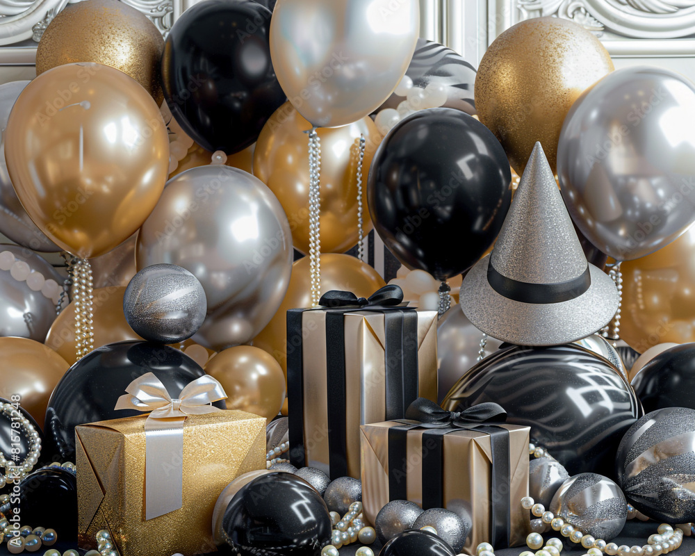 A Roaring Twenties birthday with black, gold, and silver balloons ...
