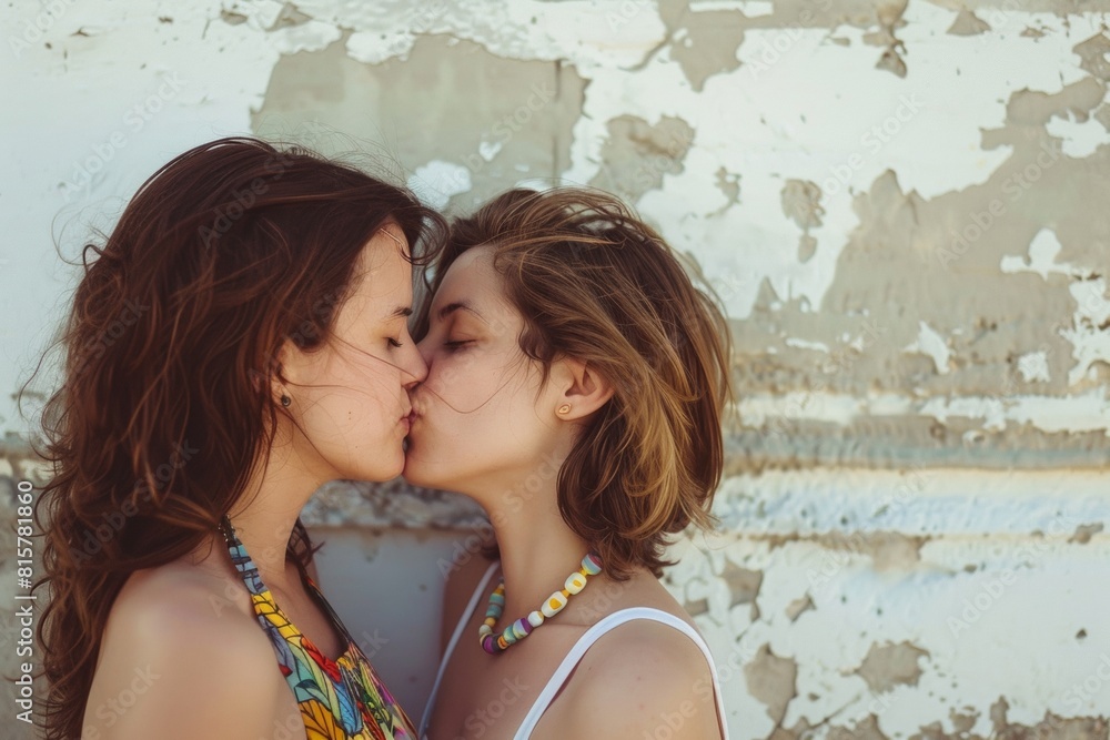 Photo Stock Happy lesbian couple kissing on white background. Young ...