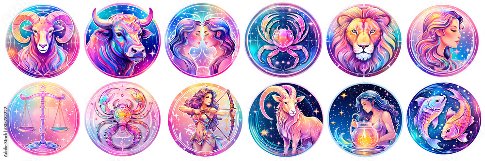 Holographic Zodiac Signs Sticker Set with Rainbow Core on Transparent ...