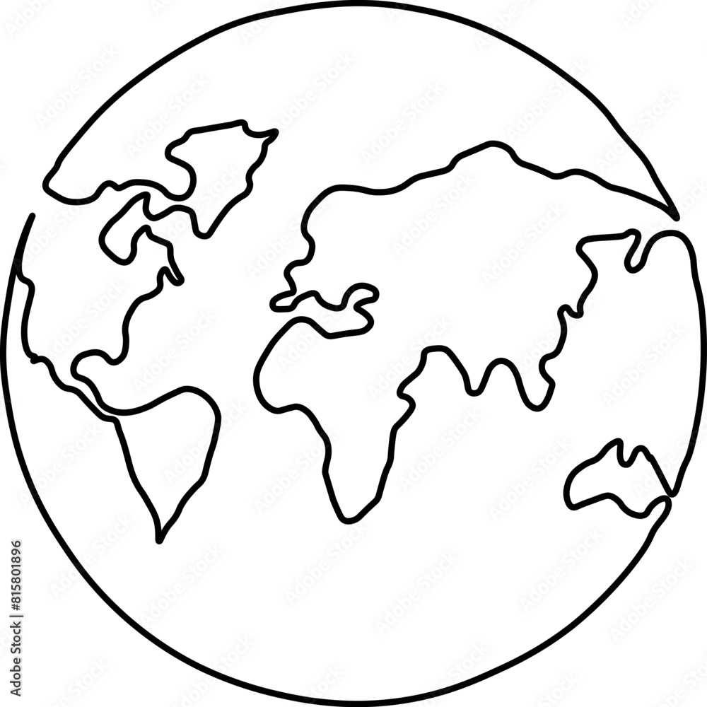 World Map One Line Art. Earth Outline Drawing Symbol. Earth Globe Hand ...