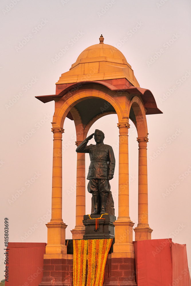 Photo Stock Statue of Subhas Chandra Bose under canopy behind India ...