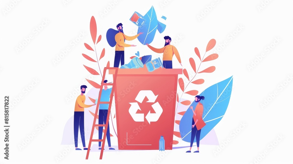 Illustration Stock Recycling plastic trash into recycling bins. Tiny characters sort garbage ...