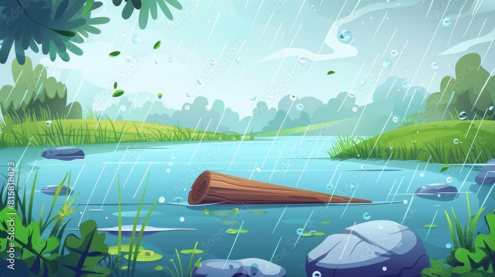 Floating log in lake water with green field, river shore, stones ...