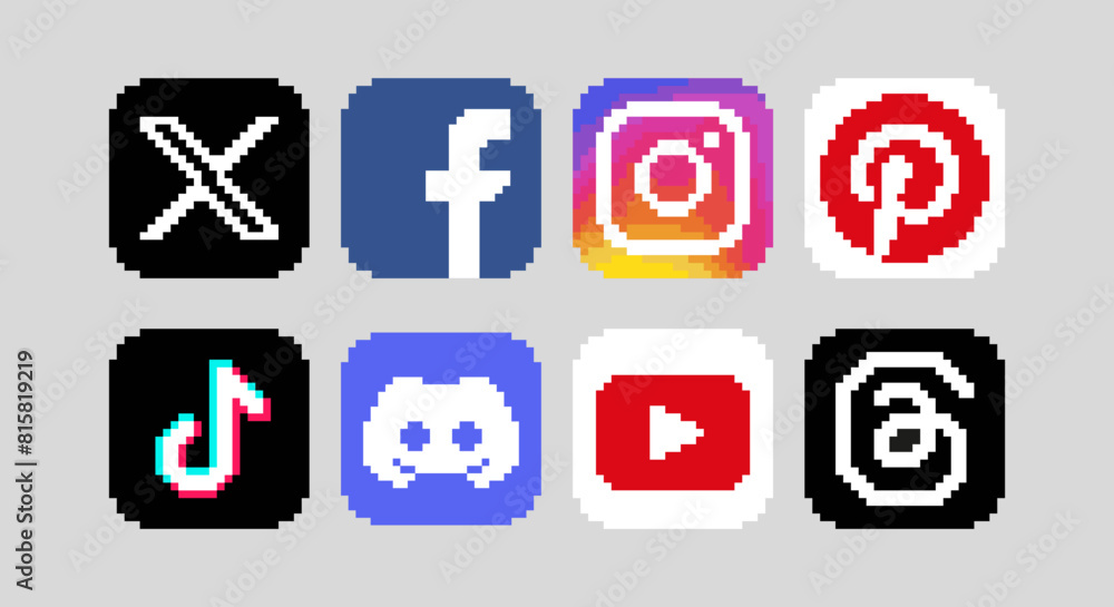 Popular social media icons collection set in pixel art style, vector ...