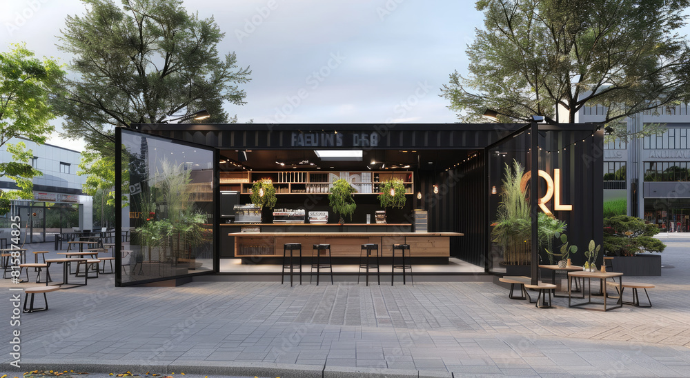 Design an outdoor black shipping container bar with white and wooden ...