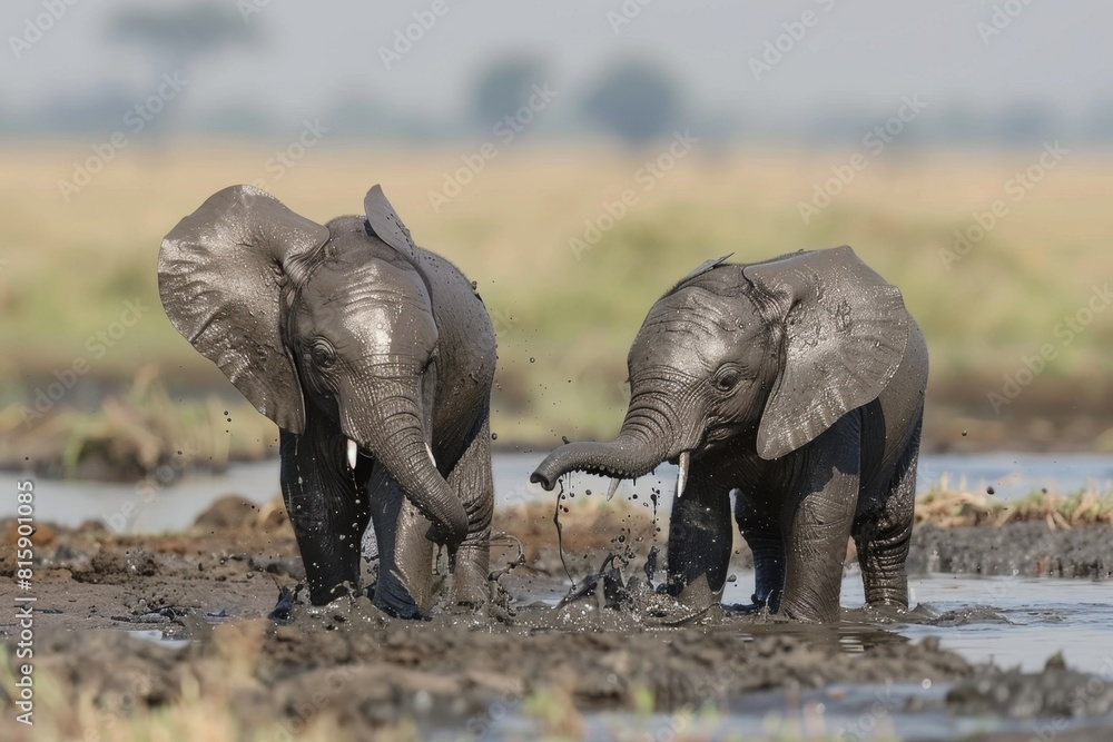 Two young elephants joyfully splash in a mud puddle, cooling off under ...