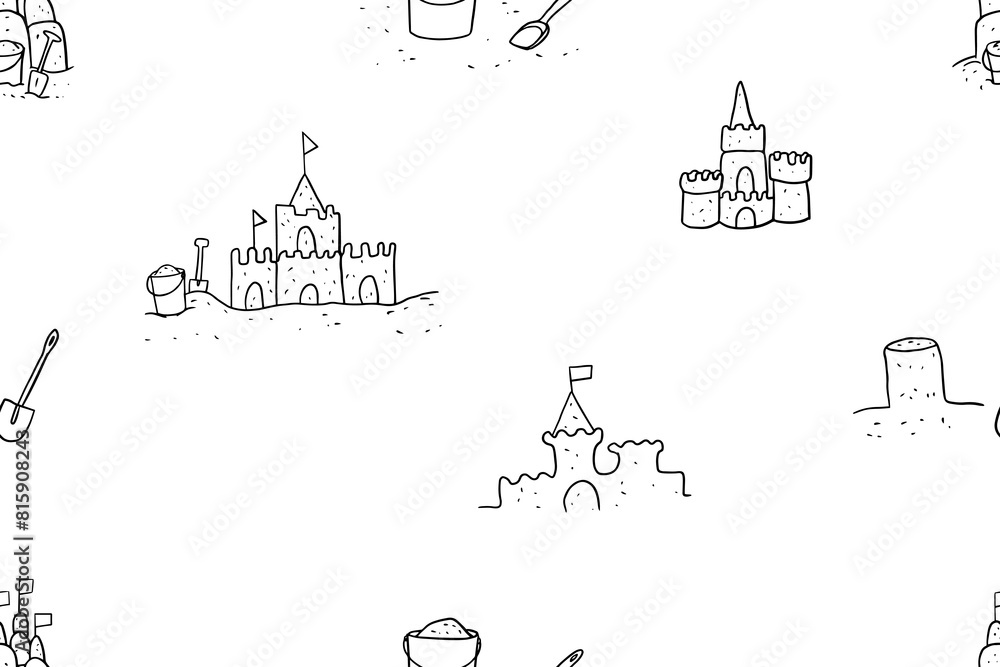 Seamless pattern of sand castles, shovel and sand bucket in doodle ...