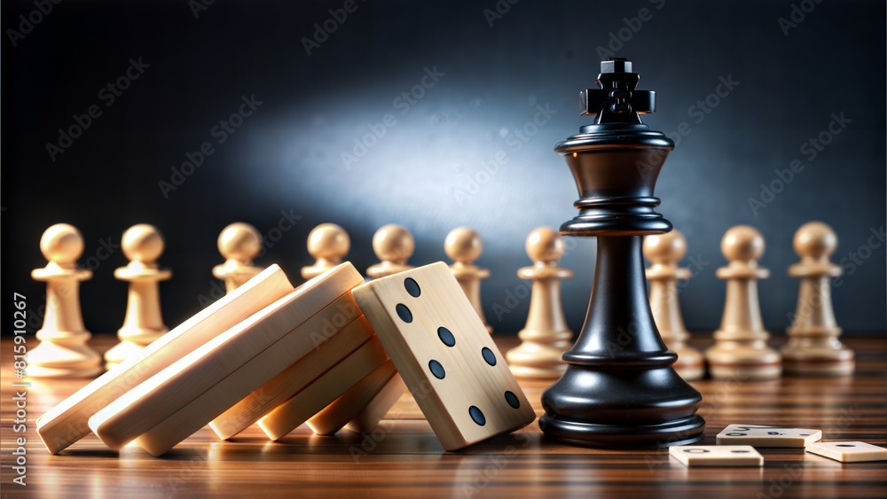 Risk Management": Chess pieces positioned next to falling dominoes ...