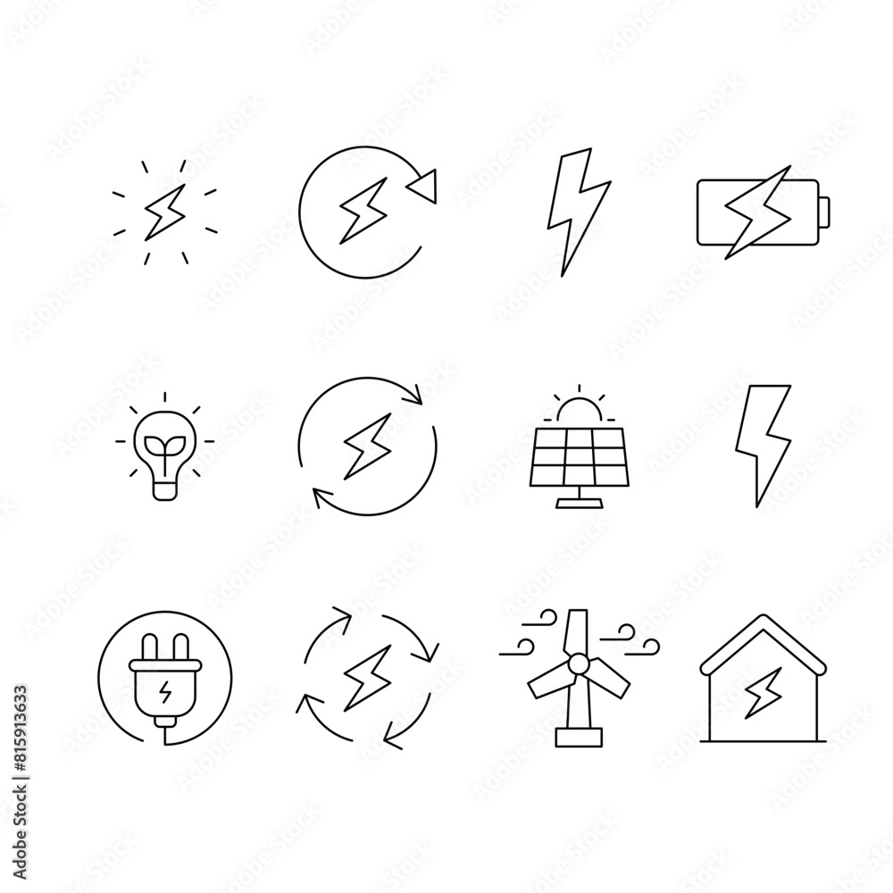 Energy icon set. Simple outline style. Electric, power, save, solar ...