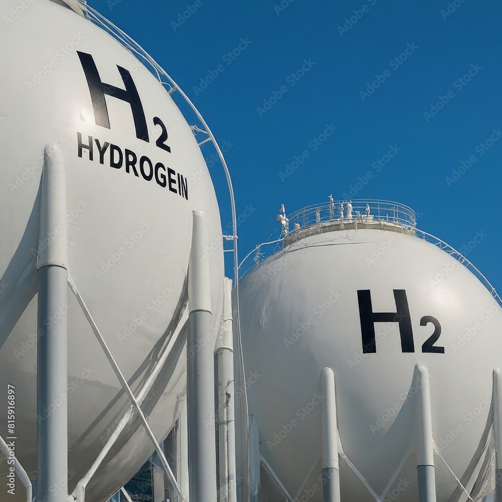 Large storage tanks with H2 and HYDROGEN labels on a blue sky ...