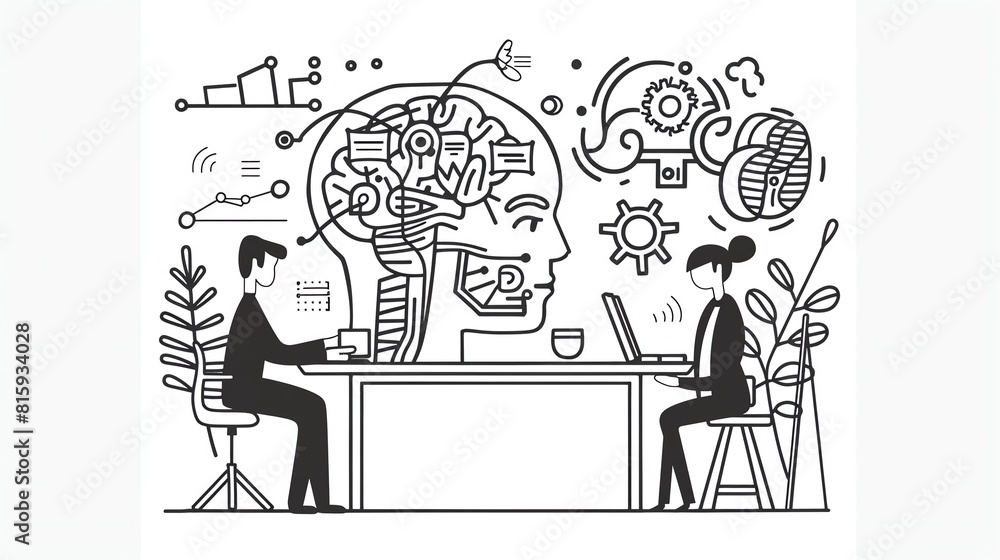 AI training flat design side view development theme cartoon drawing black and white Stock ...