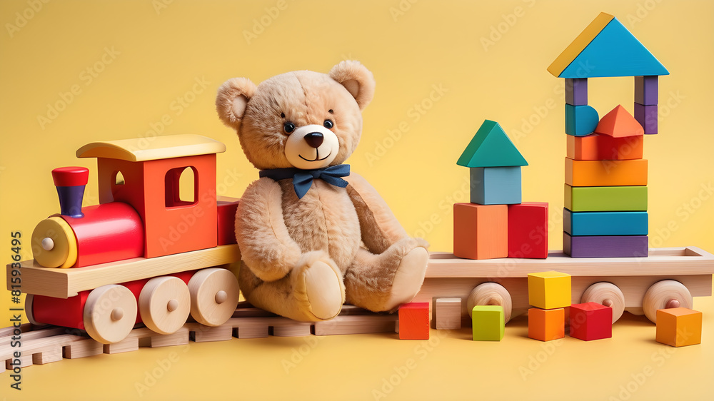 Baby kids toys background. Teddy bear, wooden train and colorful blocks ...