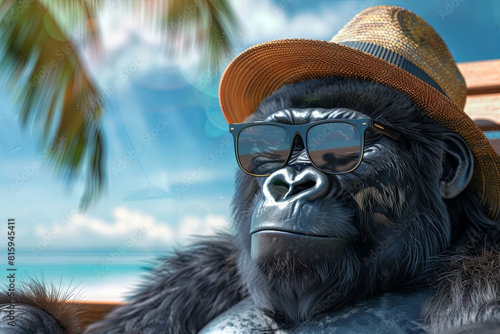 gorilla with panama hat wearing sunglasses sunbathing on a sun chair on ...