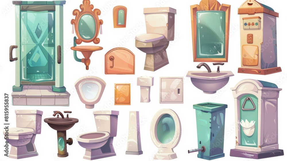School toilet interior cartoon set isolated on white background with WC ...