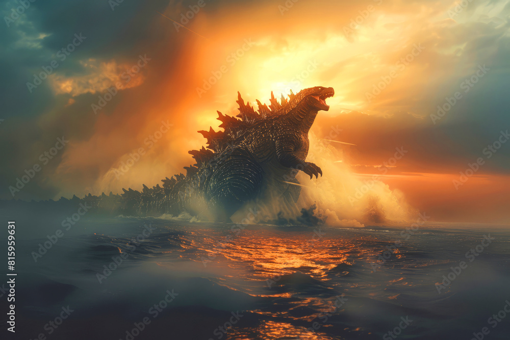 Dramatic portrayal of Godzilla emerging from the ocean at sunset ...