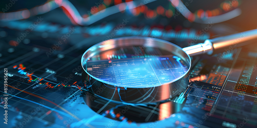 magnifying glass on code with blur and blue background Stock ...