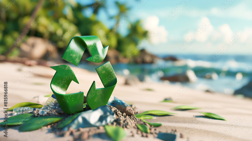 Green recycle symbol or eco sign with garbage waste on the beach and ...