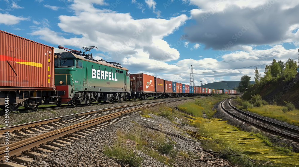 Freight train. Rear view of the last wagon of a freight train. Wagons ...