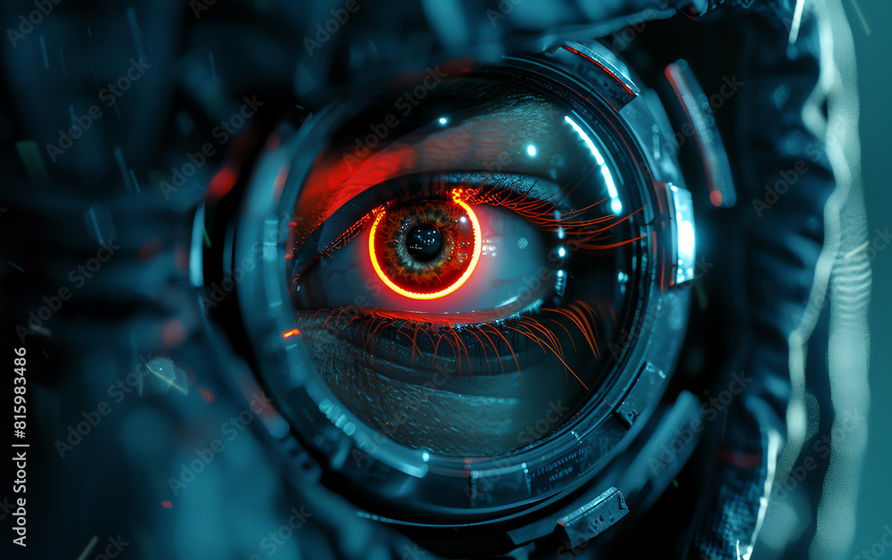 Capture a close-up shot of a secretive spy peering through the lens of ...