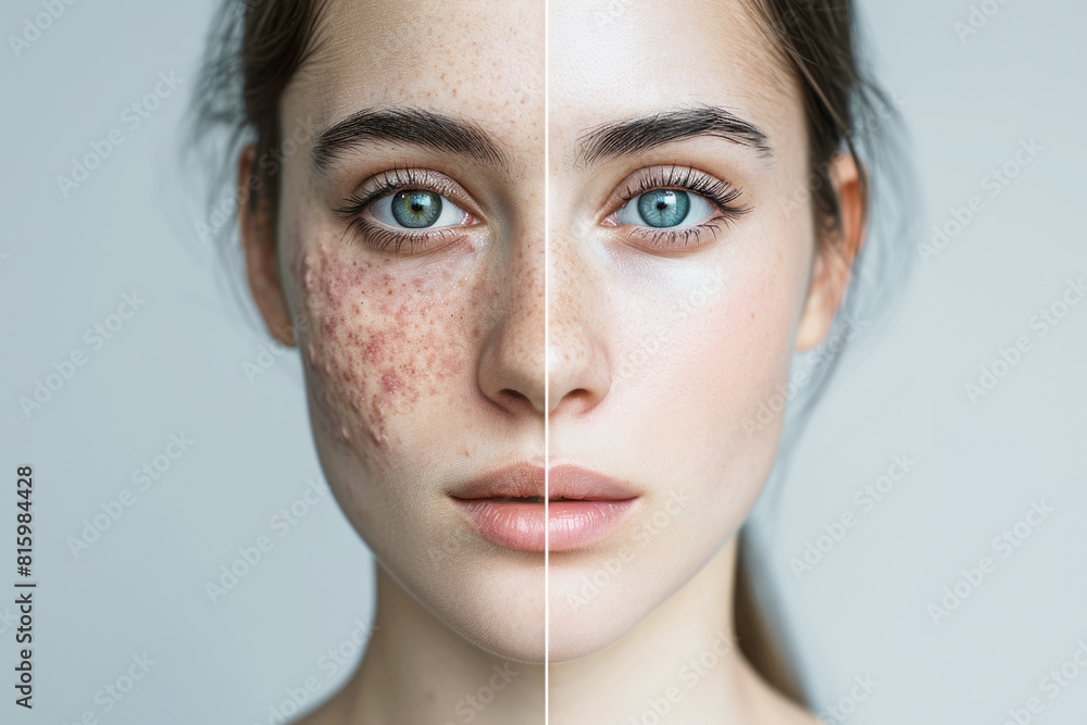 Split face closeup portrait of young caucasian woman, before and after ...