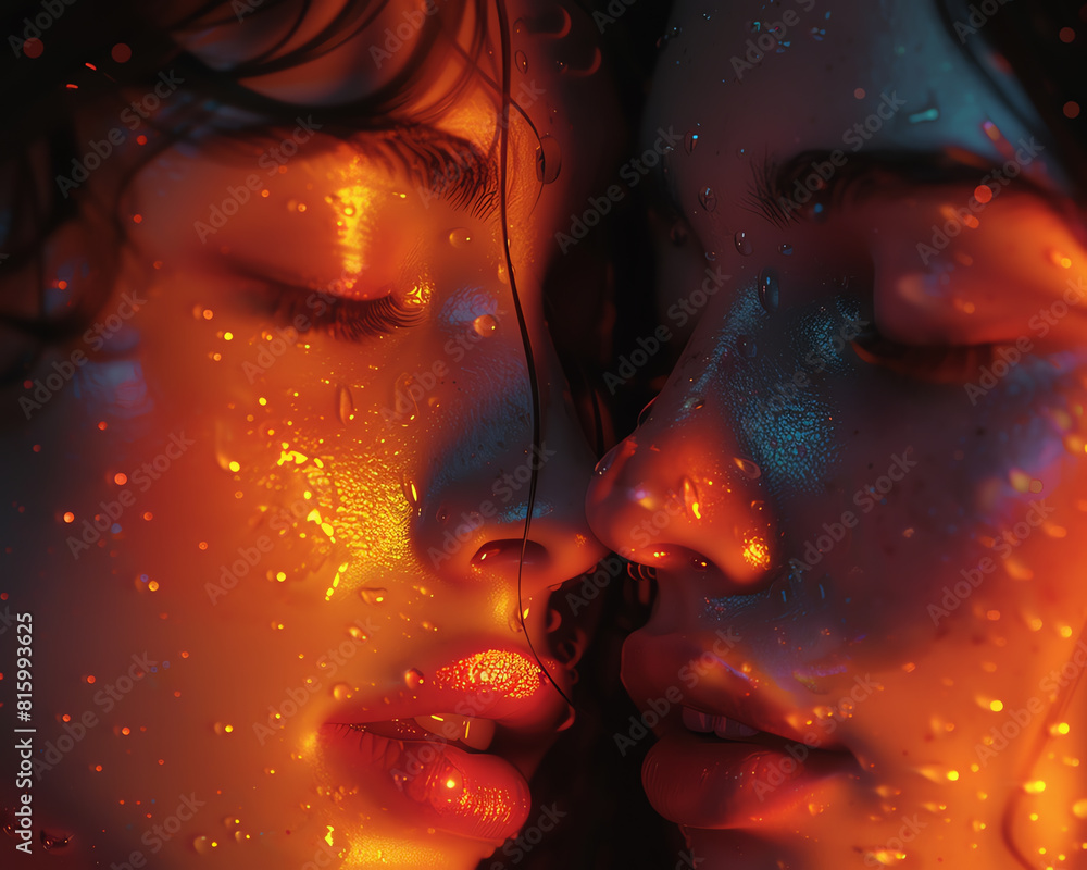 Illustrate the fusion of romance and virtual reality through a close-up ...