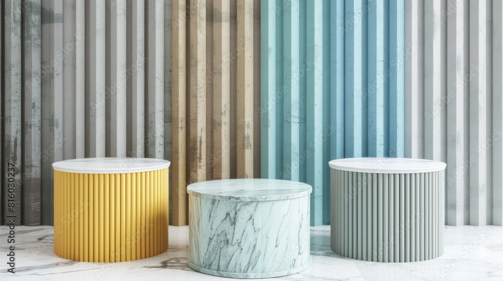 Three round, modern side tables with ribbed designs and marble tops in ...