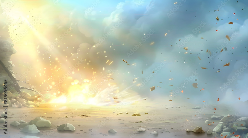 Bomb explosion, clouds of white smoke, particles and fire on blue sky ...