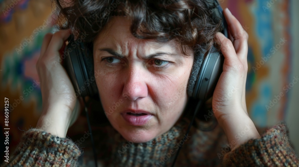 Woman wearing over-ear headphones. She has curly hair, is wearing a ...