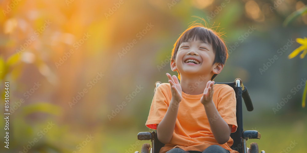happy asian boy child clapping hands on a wheelchair. Blissful Wheels ...