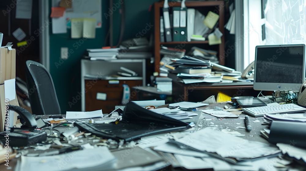 Messy abandoned office after company shut down the desk is cluttered ...
