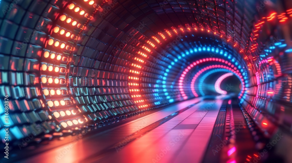 Digital vortex tunnel illuminated with a spectrum of red to blue lights ...