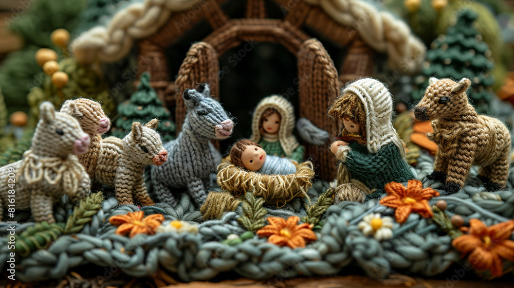 Knitted Nativity scene. Christmas. Newborn Jesus Christ in a manger ...