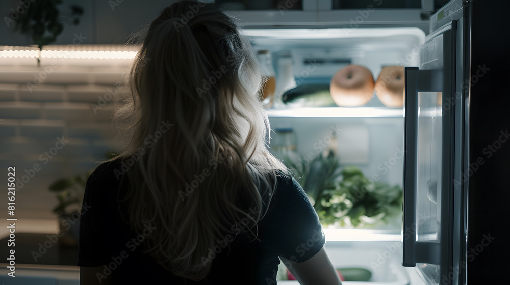 Whats for dinner Pretty blonde standing near open empty fridge Back ...
