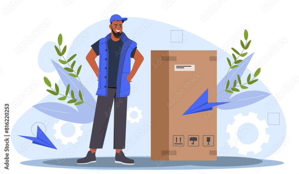 A delivery man standing next to a large cardboard box, concept of ...