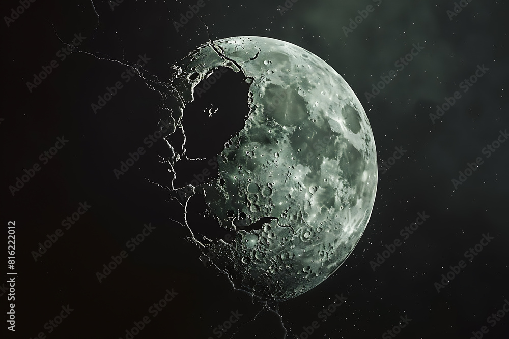 The ethereal silhouette of the moon fragmented against the night sky ...
