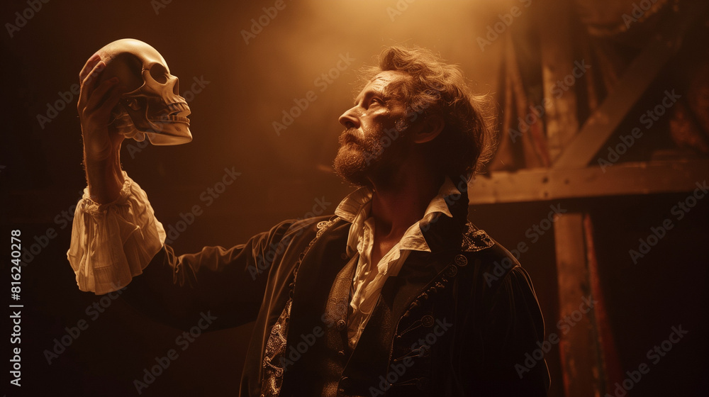 A dramatic portrayal of Hamlet holding a skull on stage, featuring ...