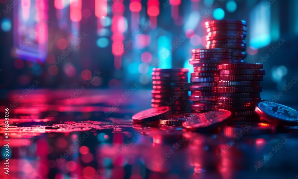 High-resolution photo of stacks of coins with a digital background and ...